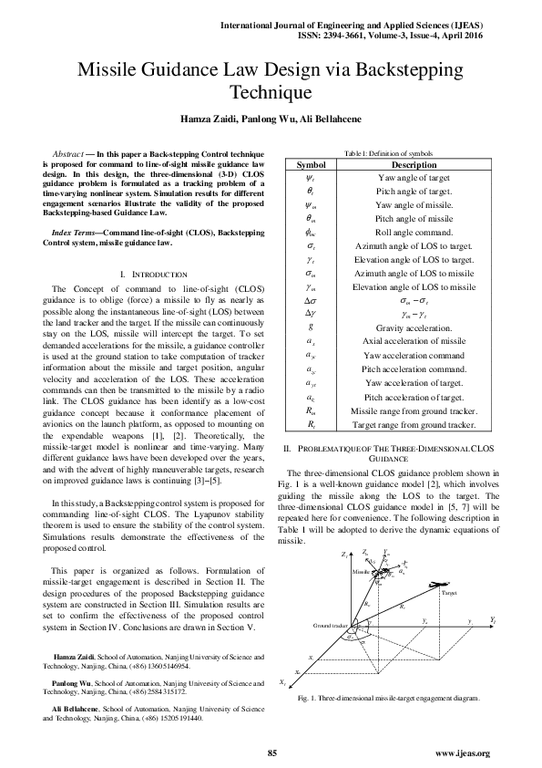 Pdf Missile Guidance Law Design Via Backstepping Technique