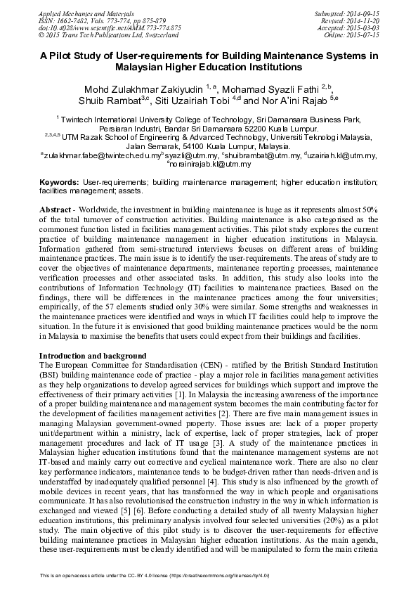 (PDF) User-Requirements for Building Maintenance in Malaysia