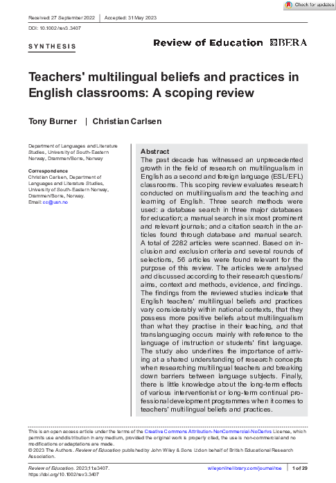 (PDF) Teachers' multilingual beliefs and practices in English classrooms: A scoping review