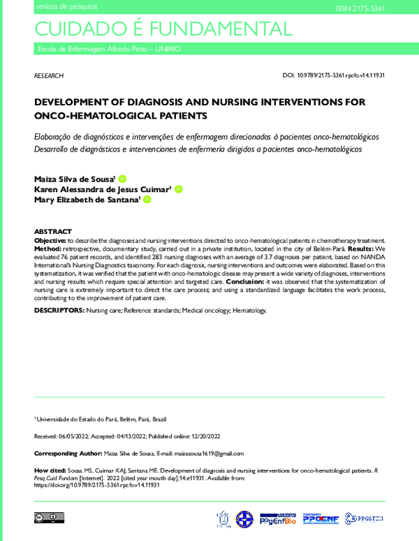 (PDF) Development of diagnosis and nursing interventions for onco-hematological patients ...