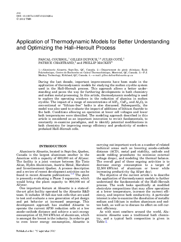 (PDF) Application of Thermodynamic Models for Better Understanding and Optimizing the Hall ...