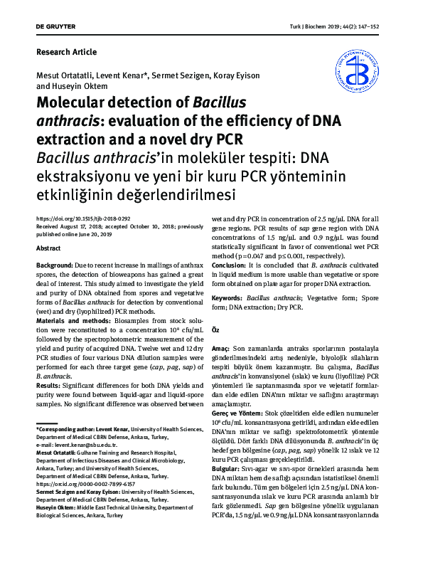 Pdf Molecular Detection Of Bacillus Anthracis Evaluation Of The Efficiency Of Dna Extraction