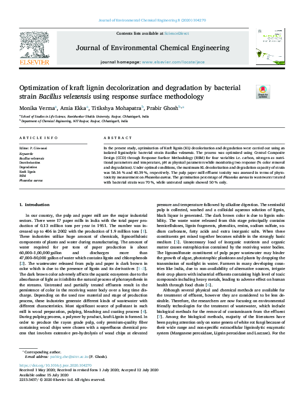(PDF) Optimization of kraft lignin decolorization and degradation by bacterial strain Bacillus ...