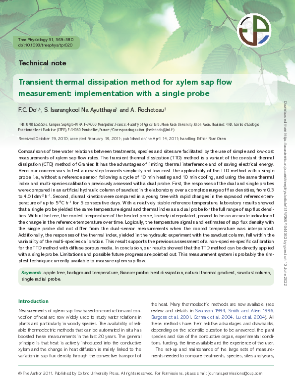 (PDF) Transient thermal dissipation method for xylem sap flow measurement: implementation with a ...