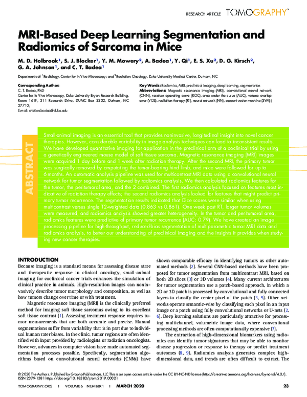 (PDF) MRI-Based Deep Learning Segmentation and Radiomics of Sarcoma in Mice
