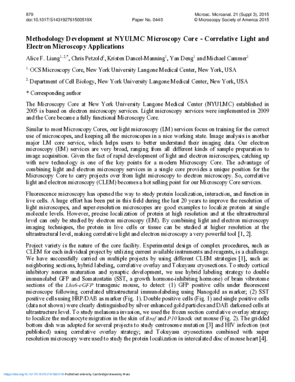 (PDF) Methodology Development at NYULMC Microscopy Core - Correlative ...