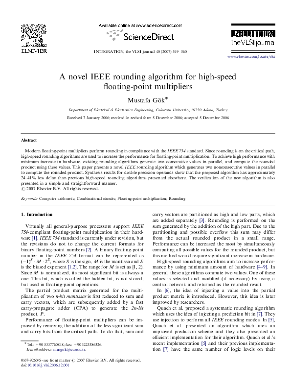Pdf A Novel Ieee Rounding Algorithm For High Speed Floating Point Multipliers Mustafa Gök 