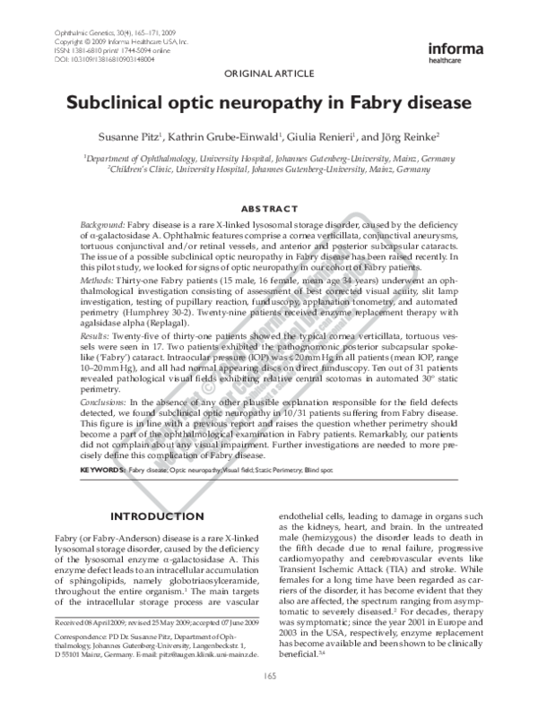 (PDF) Subclinical optic neuropathy in Fabry disease