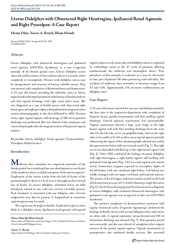 (PDF) Uterus didelphys with obstructed right hemivagina, ipsilateral ...
