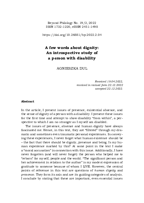 (PDF) A few words about dignity: An introspective study of a person ...