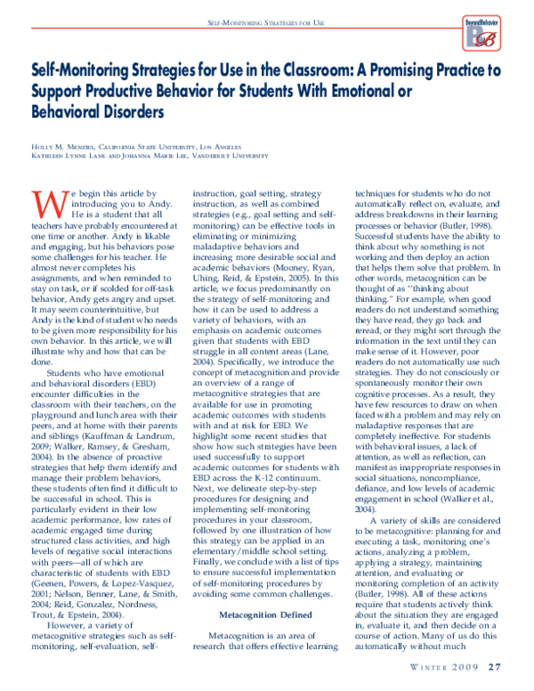 (PDF) Self-Monitoring Strategies for Use in the Classroom: A Promising Practice to Support ...