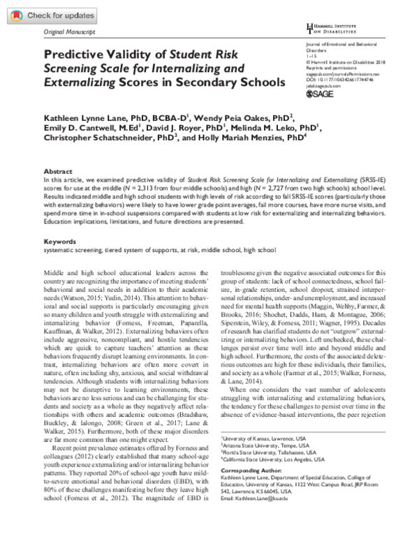 (PDF) Predictive Validity of Student Risk Screening Scale for Internalizing and Externalizing ...