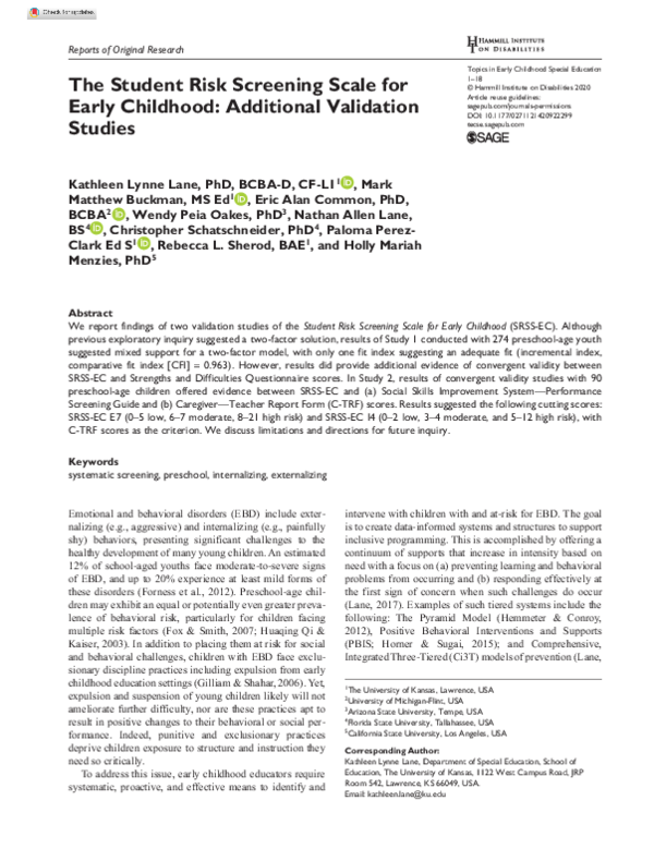 (PDF) The Student Risk Screening Scale for Early Childhood