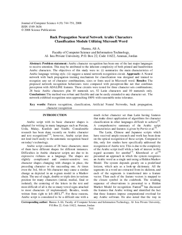 (PDF) Back Propagation Neural Network Arabic Characters Classification Module Utilizing ...