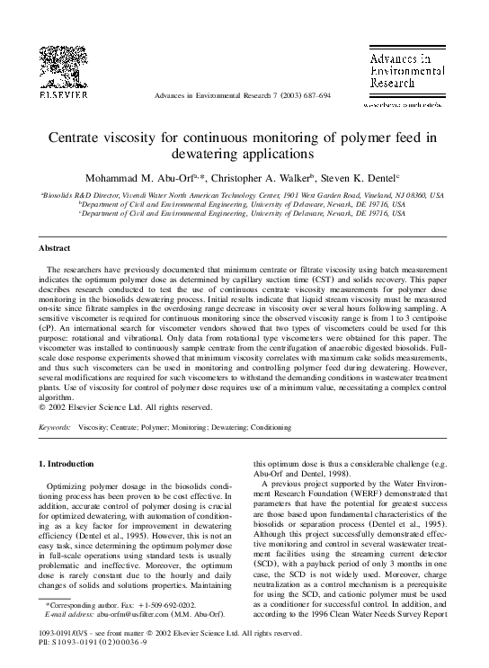 (PDF) Centrate viscosity for continuous monitoring of polymer feed in dewatering applications