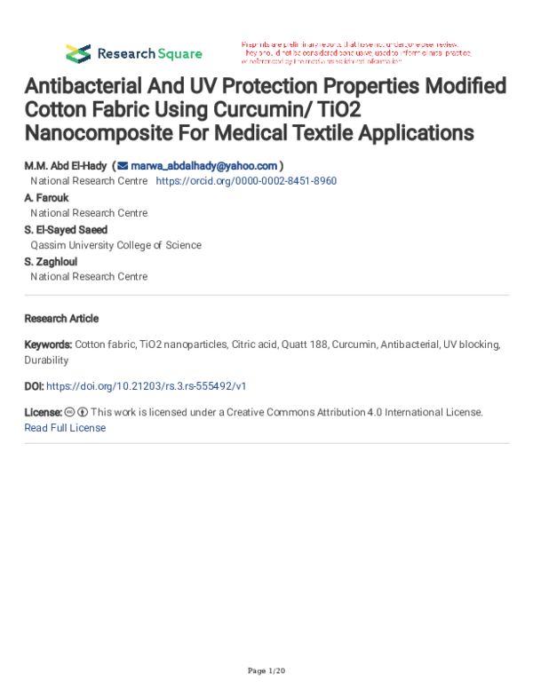 (PDF) Antibacterial And UV Protection Properties Modified Cotton Fabric Using Curcumin/ TiO2 ...