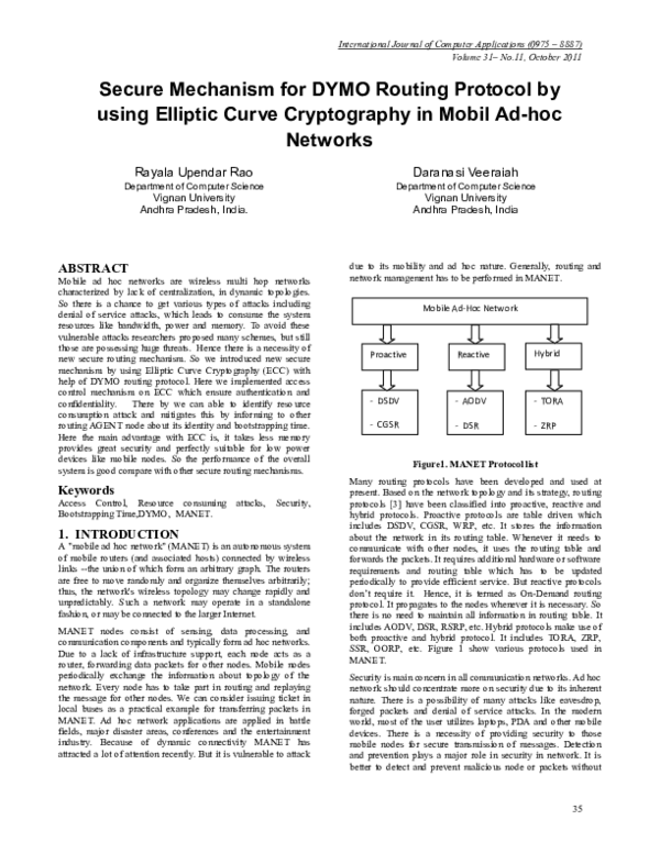 (PDF) Secure Mechanism for DYMO Routing Protocol by using Elliptic Curve Cryptography in Mobil ...