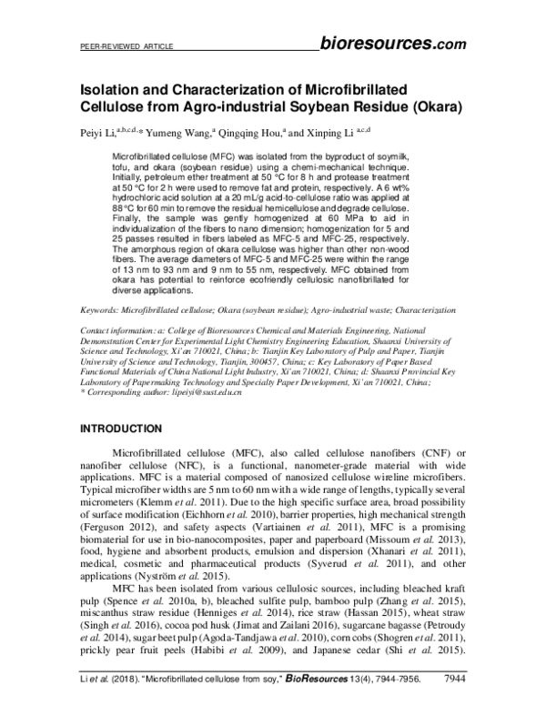 (PDF) Isolation and Characterization of Microfibrillated Cellulose from Agro-industrial Soybean ...