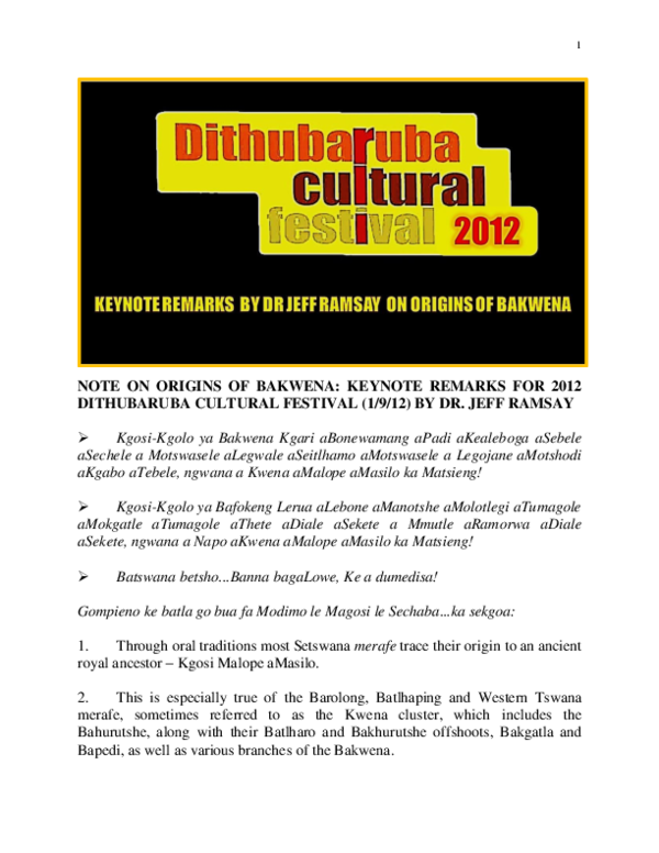 (PDF) NOTE ON ORIGINS OF BAKWENA: KEYNOTE REMARKS FOR 2012 DITHUBARUBA ...