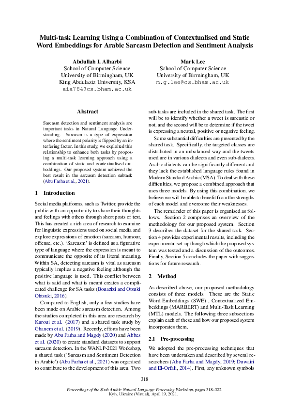 Pdf Multi Task Learning Using A Combination Of Contextualised And Static Word Embeddings For