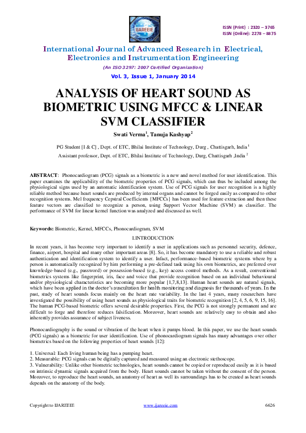 (PDF) Analysis of Heart Sound as Biometric Using MFCC & Linear SVM Classifier