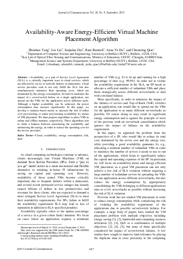 (PDF) Availability-Aware Energy-Efficient Virtual Machine Placement Algorithm | Ram Ramesh ...