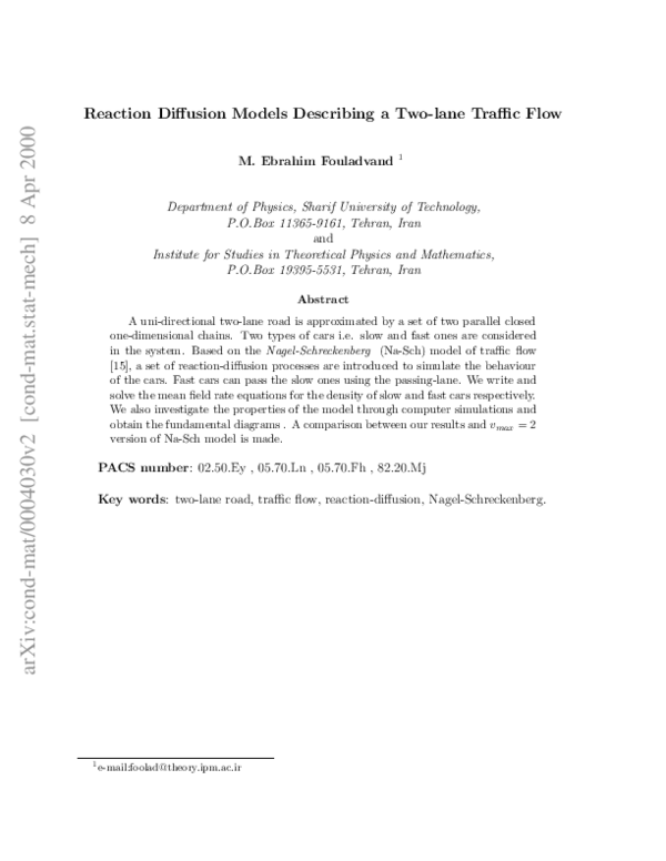 (PDF) Reaction-diffusion models describing a two-lane traffic flow