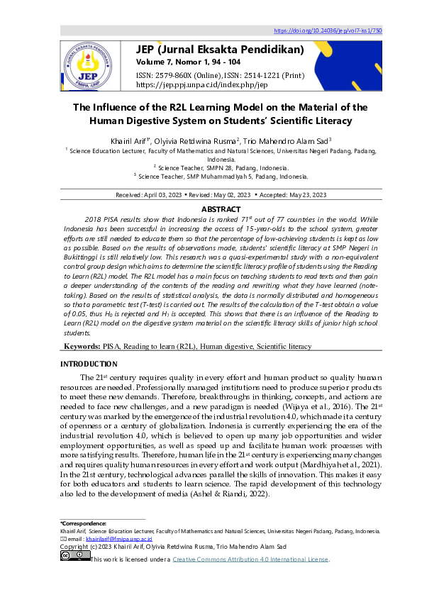 (PDF) The Influence of the R2L Learning Model on the Material of the ...