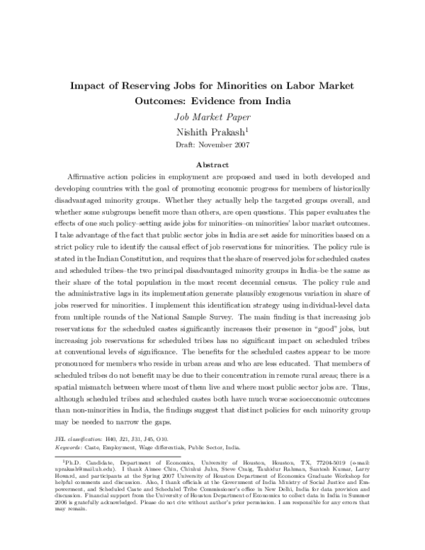 (PDF) Impact of Reserving Jobs for Minorities on Labor Market Outcomes ...
