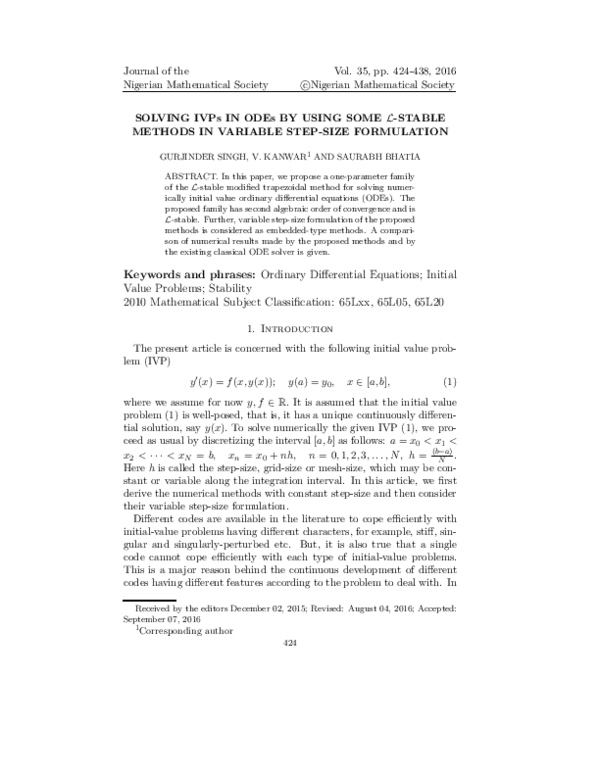 (PDF) SOLVING IVPs IN ODEs BY USING SOME L-STABLE METHODS IN VARIABLE STEP-SIZE FORMULATION