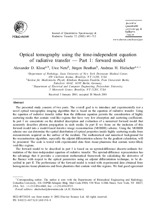 Pdf Optical Tomography Using The Time Independent Equation Of Radiative Transfer — Part 1