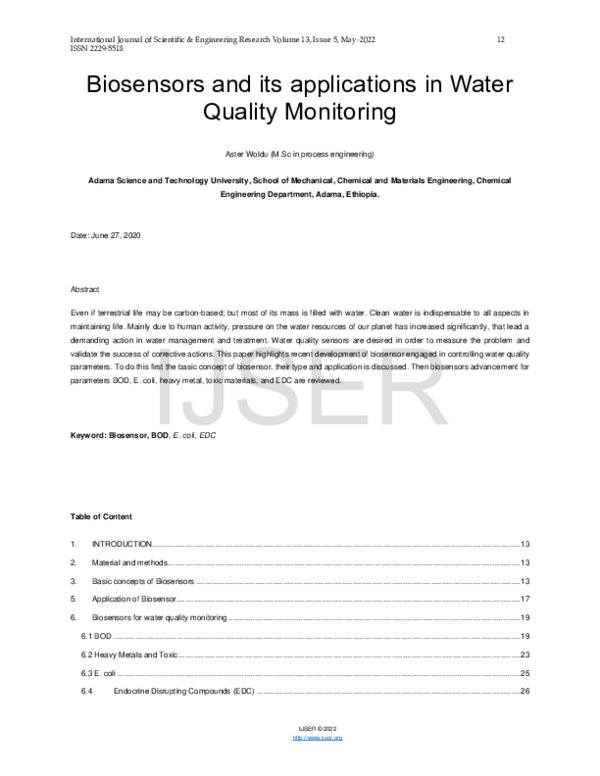 (PDF) Biosensors and its applications in Water Quality Monitoring
