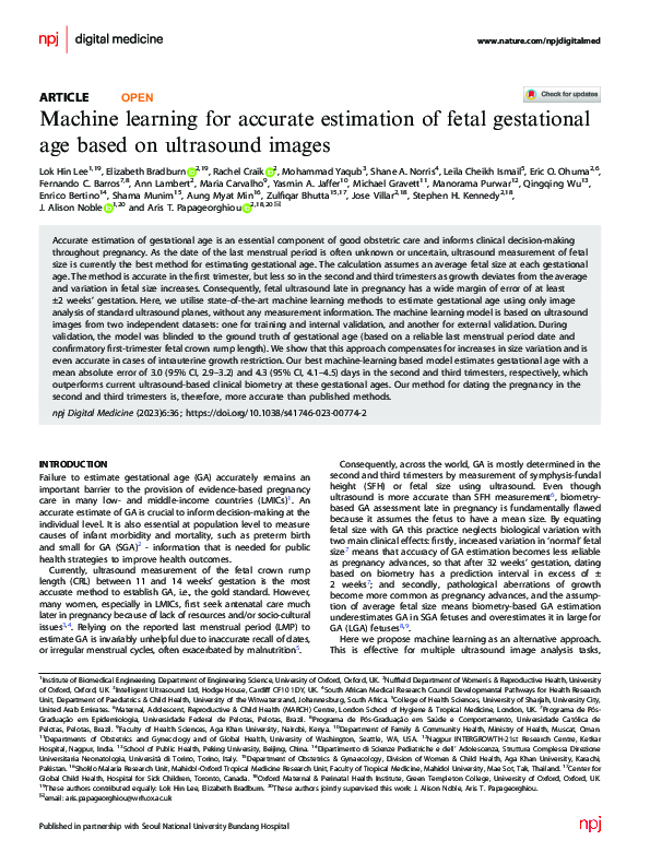(PDF) Machine learning for accurate estimation of fetal gestational age based on ultrasound images