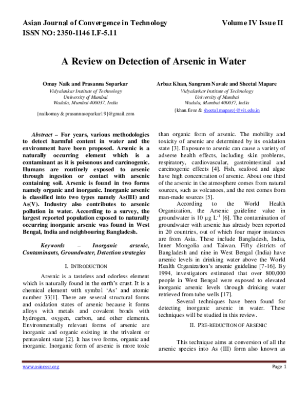 (PDF) A Review on Detection of Arsenic in Water | Aparna Gale ...