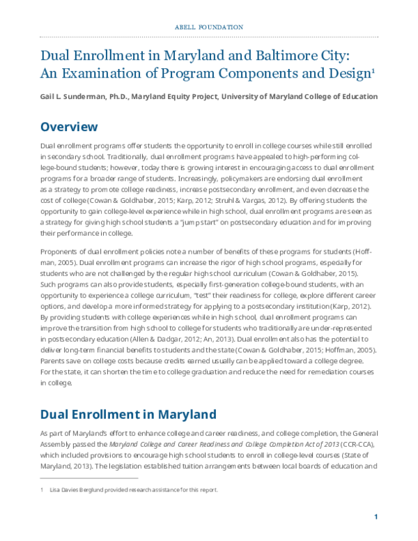 (PDF) Dual Enrollment in Maryland and Baltimore City: An Examination of ...