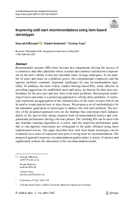 (PDF) Improving cold-start recommendations using item-based stereotypes