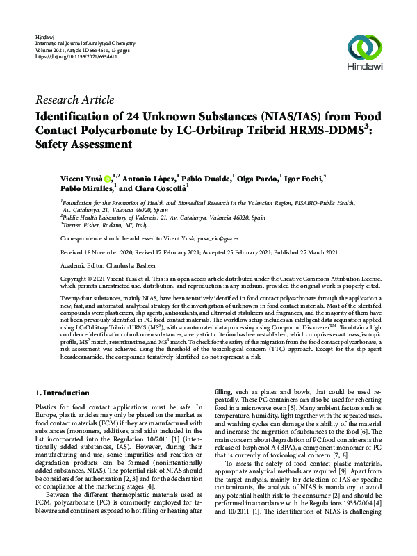 (PDF) Identification of 24 Unknown Substances (NIAS/IAS) from Food ...