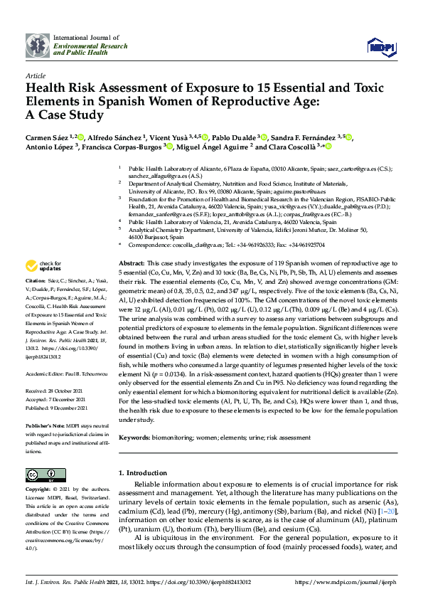 (PDF) Health Risk Assessment of Exposure to 15 Essential and Toxic Elements in Spanish Women of ...