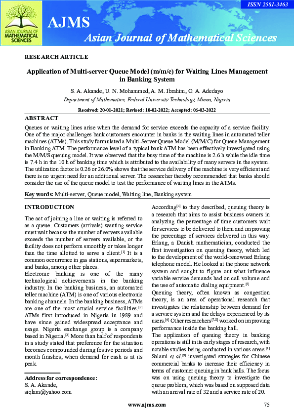 (PDF) Application of Multi-server Queue Model (m/m/c) for Waiting Lines Management in Banking System