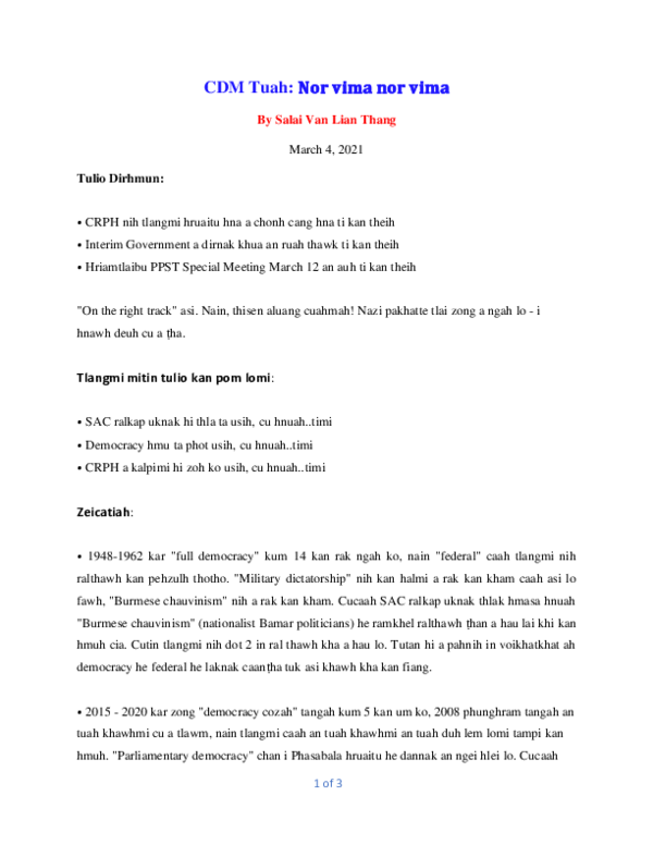 (PDF) CDM Tuah: Nor Vima Nor Vima (In Chin): In English: “Civil Disobedience as Constitutional ...