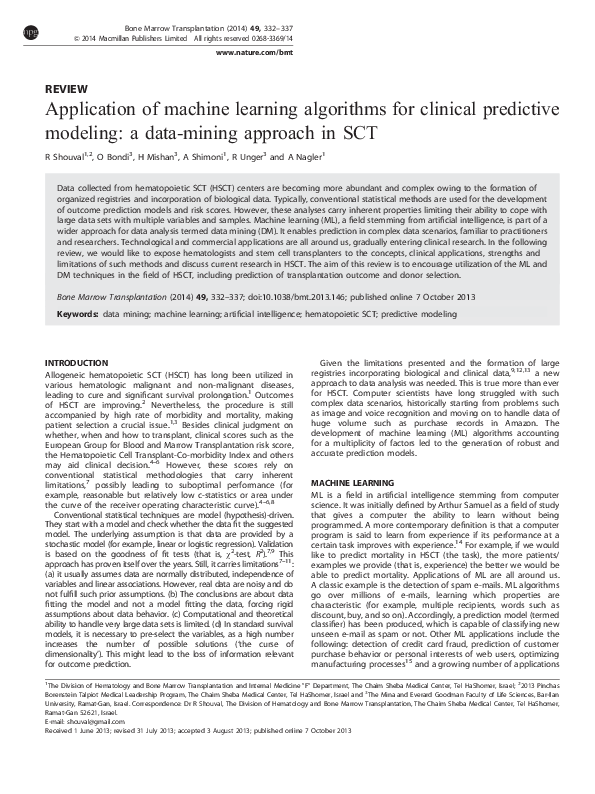 (PDF) Application of machine learning algorithms for clinical predictive modeling: a data-mining ...