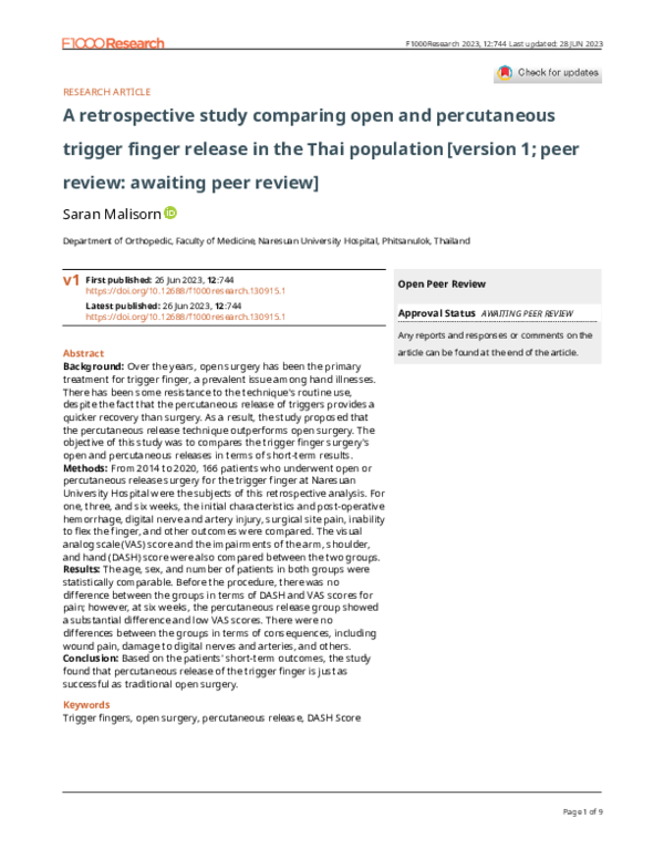 (PDF) Comparing Open vs. Percutaneous Trigger Finger Release