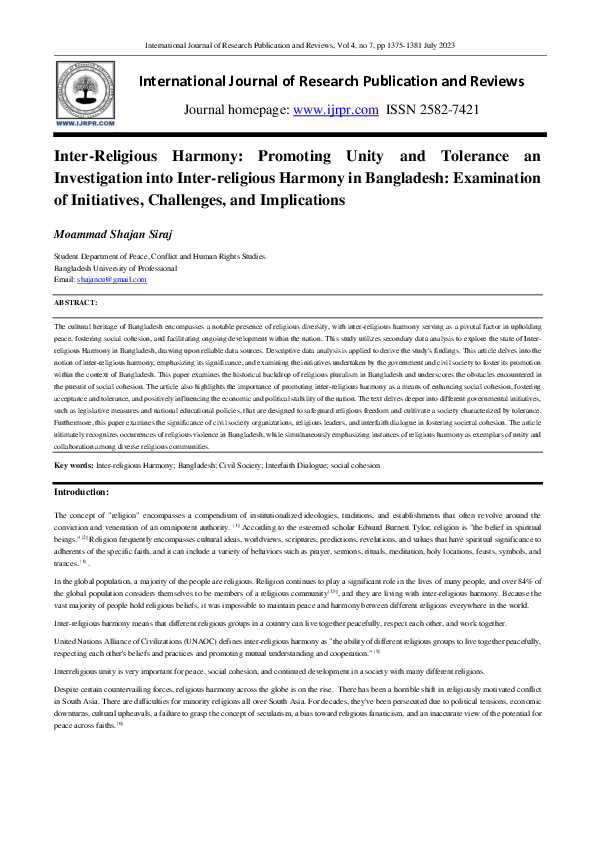 (PDF) Inter-Religious Harmony: Promoting Unity and Tolerance an ...