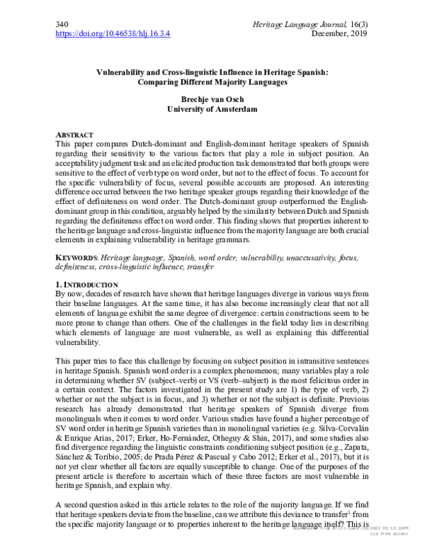 (PDF) Heritage Spanish: Cross-linguistic Influence Study