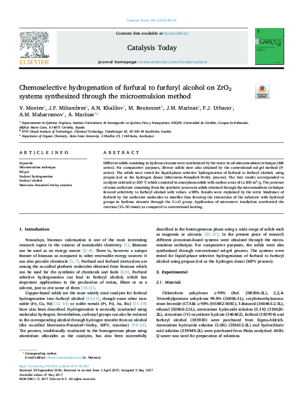 (PDF) Chemoselective hydrogenation of furfural to furfuryl alcohol on ...