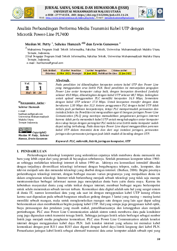 (PDF) Analisis Perbandingan Performa Media Transmisi Kabel UTP dengan Microtik Power-Line PL7400