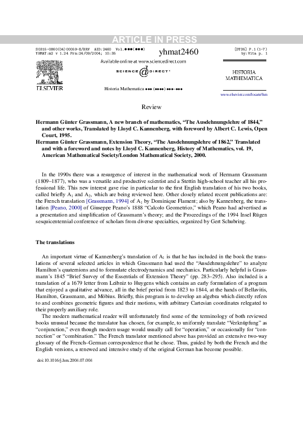 (PDF) A new branch of mathematics, “The Ausdehnungslehre of 1844,” and ...