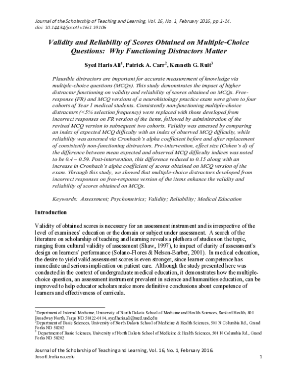 (PDF) Validity and Reliability of Scores Obtained on Multiple-Choice Questions: Why Functioning ...