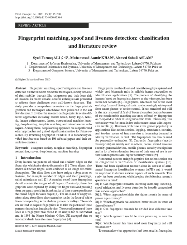(PDF) Fingerprint matching, spoof and liveness detection: classification and literature review