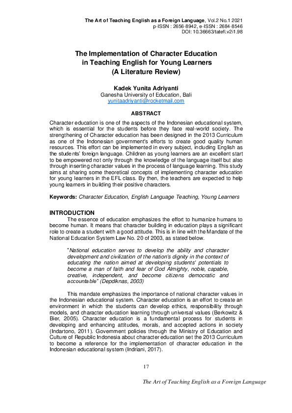 (PDF) Implementation of Character Education in Teaching English For Young Learners